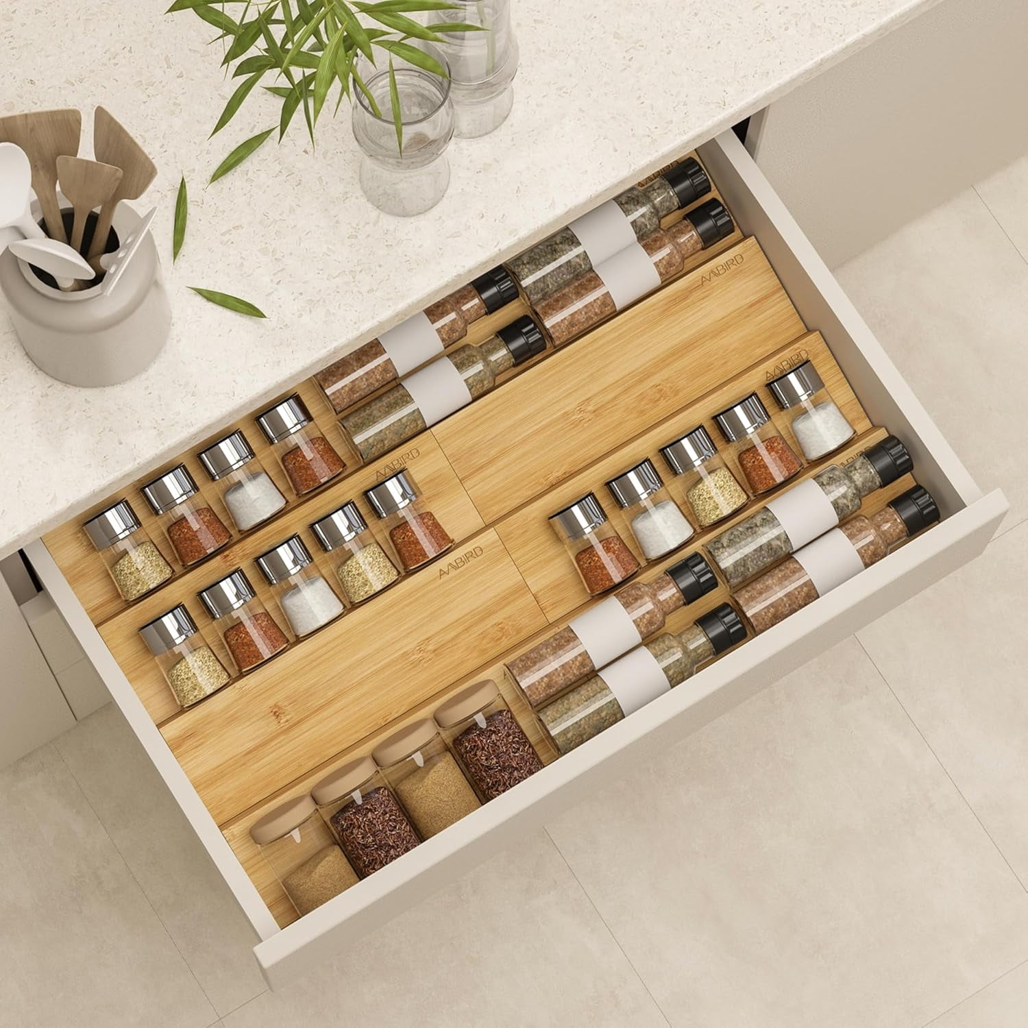 Bamboo Spice Drawer Organizer with Non-slip Mat,4 Tier - 2 Set Jar ...