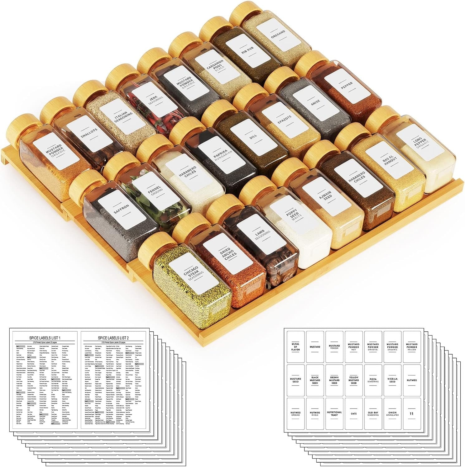 Bamboo Spice Drawer Organizer with 24 Jars, 378 White - Walmart.com