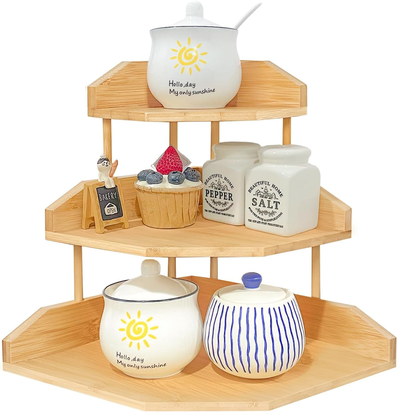 Bamboo Spice Rack Corner Shelves-3 Tier Standing Pantry Shelf for ...