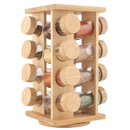 Bamboo Spice Rack – Rotating Rack 16 Jars Included Screw Top Lids ...