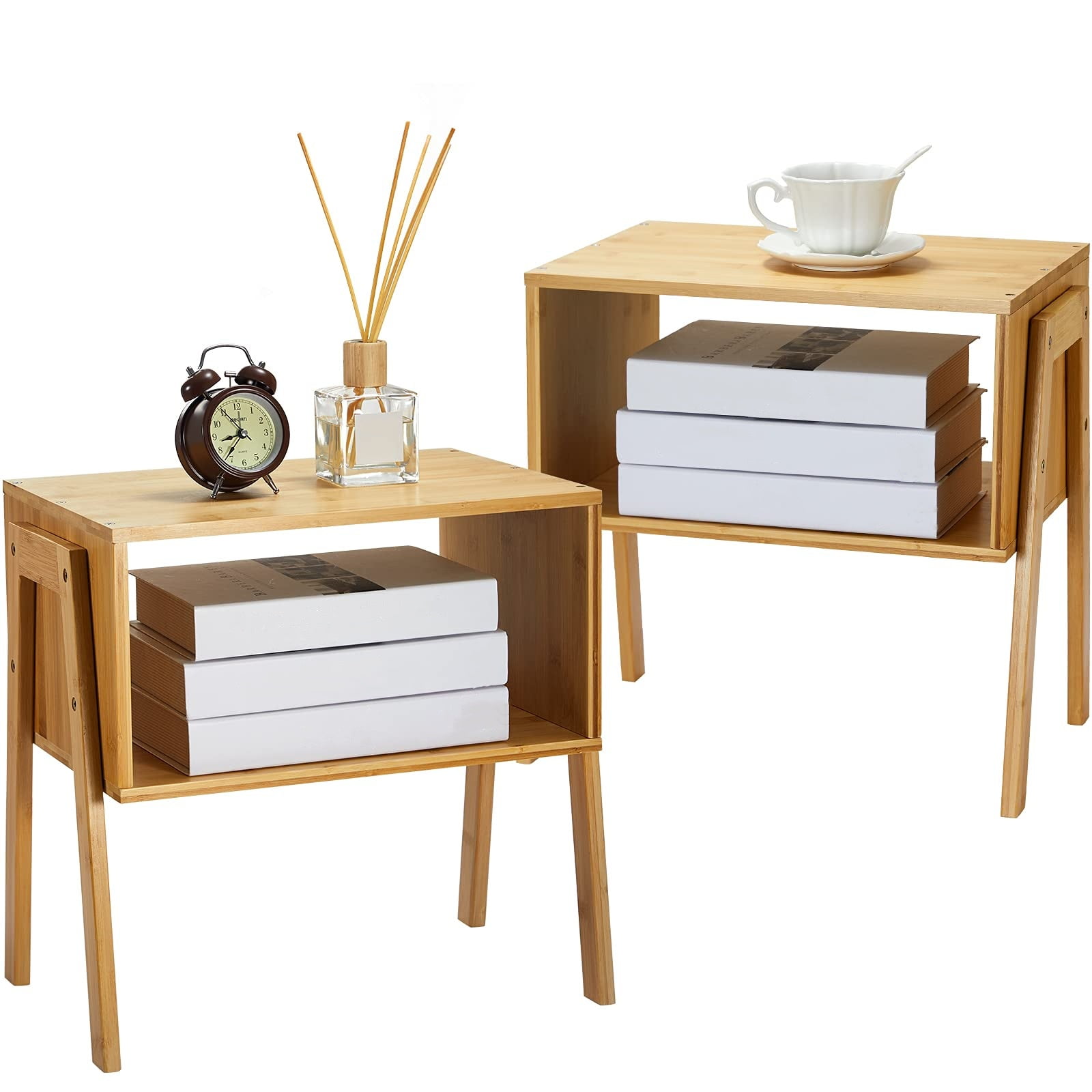 Bamboo Stackable End Tables,Wood Living Room Nightstand,Bedside Tables for Bedroom Storage,Set ...