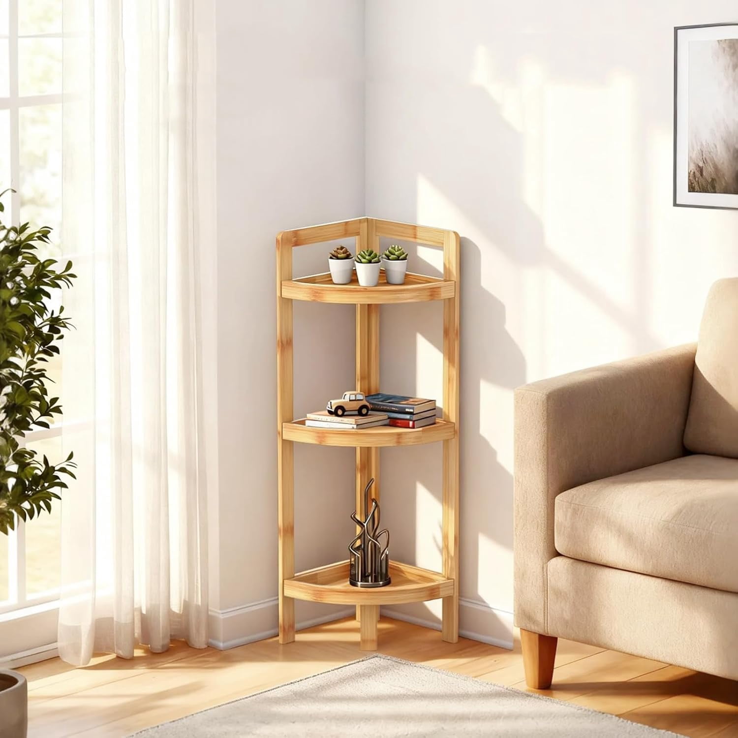 Bamboo Standing Shelf, 3 Tier Corner Shelf, Free-Standing Shelf Units ...