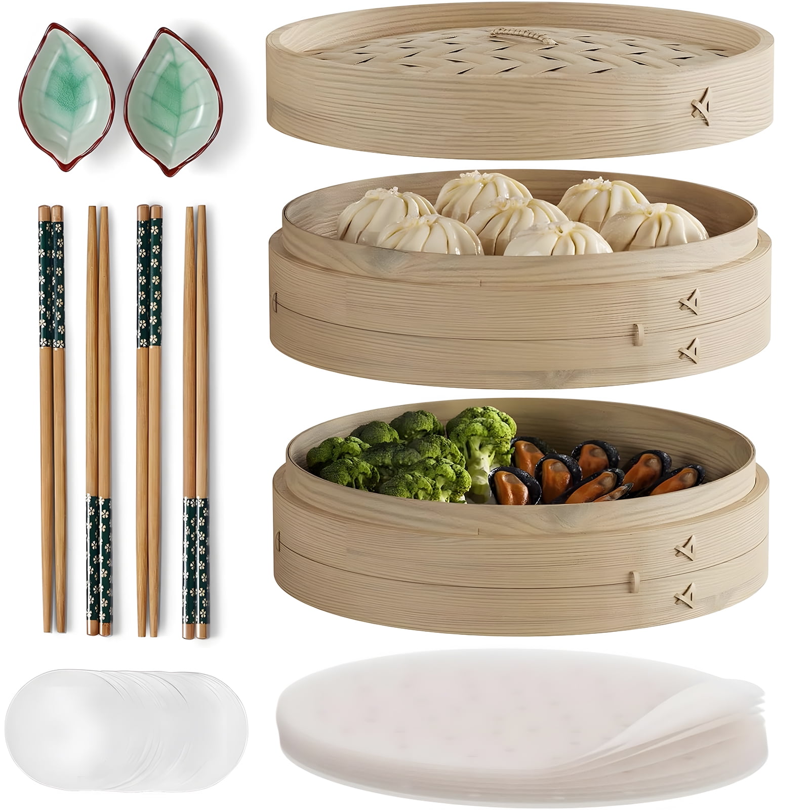 Bamboo Steamer 10 Inch 2 Tier Wooden Basket, Kit For Cooking Dumpling ...