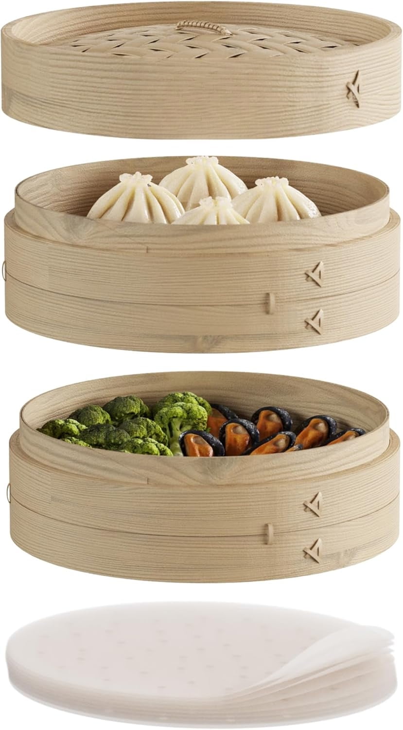Bamboo Steamer Basket 10-Inch | 2-Tier Steamer for Cooking | 50 Liners ...