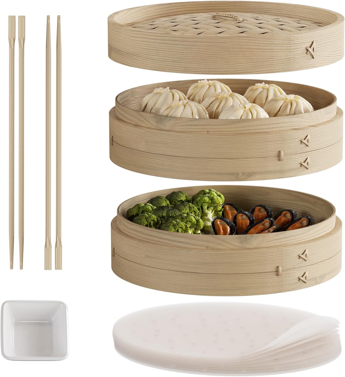Bamboo Steamer Basket 10-Inch | 2-Tier Steamer for Cooking | 50 Liners ...