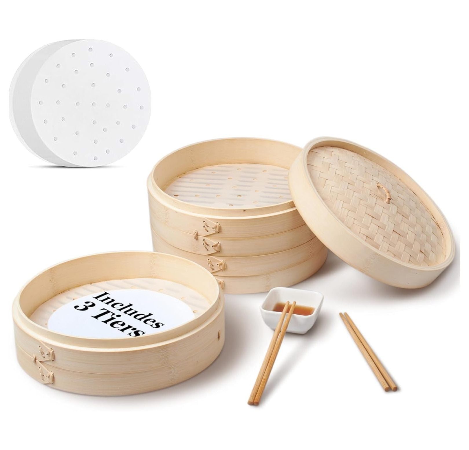 Bamboo Steamer Basket - Includes a 10.6 Inch 3-Tier Wooden Dumpling ...