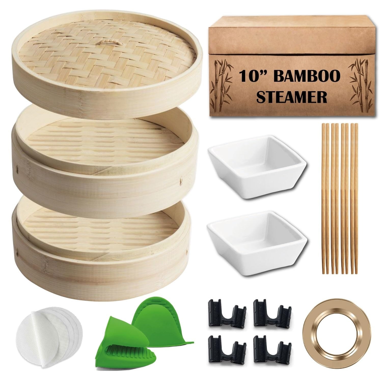 Bamboo Steamer Basket Kit, 2 Tier-10 Inch | Steaming basket for Cooking ...