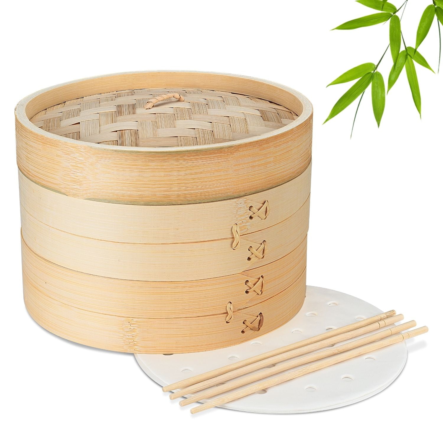 Bamboo Steamer Basket Set (10 inch), 50 x Steamer Liners and 2 Pairs of ...