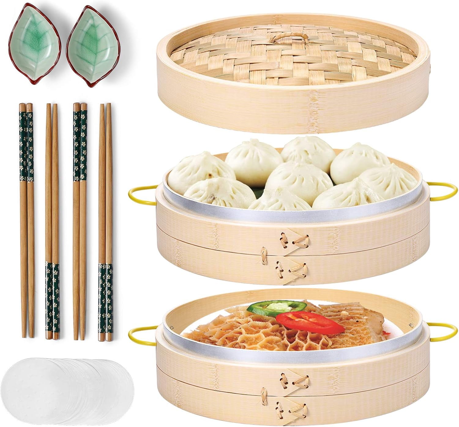 Bamboo Steamer Set 10 Inch Steamer for Cooking with Side Handle ...