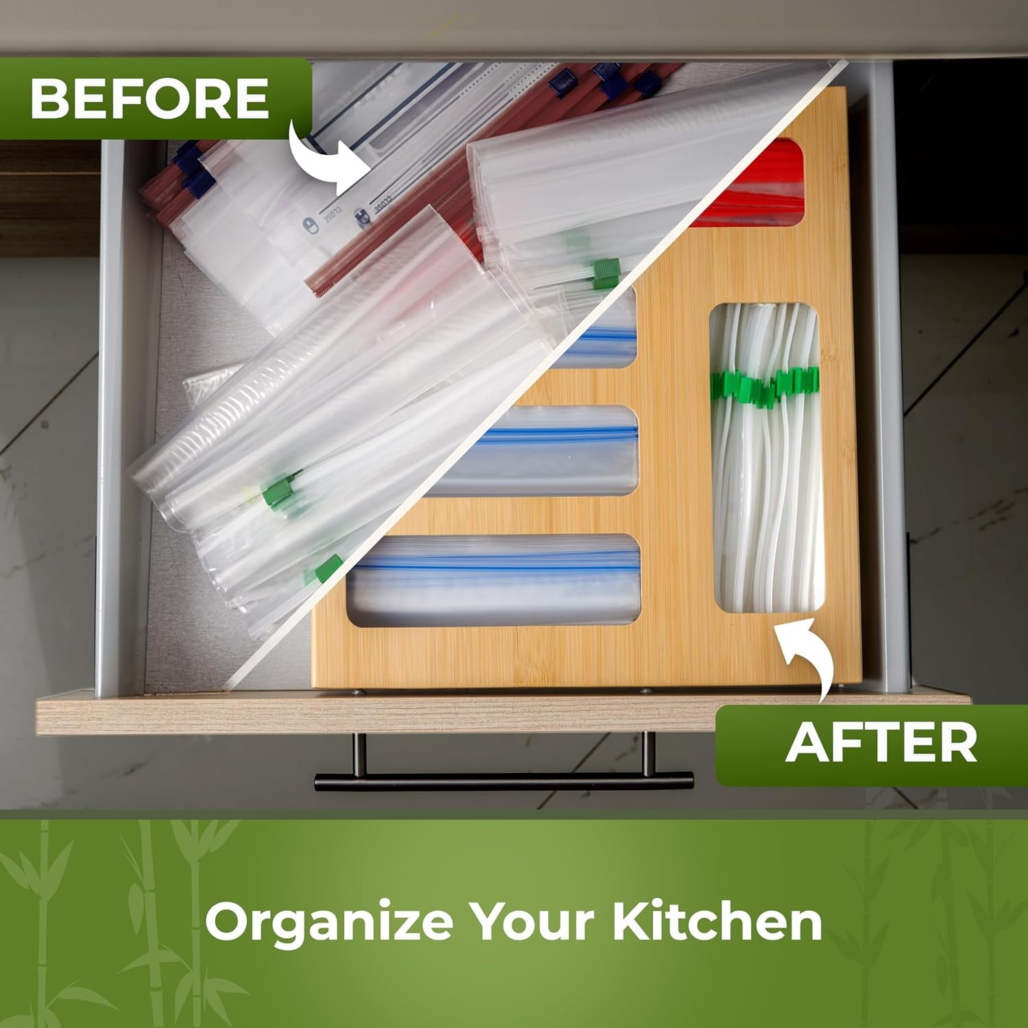 Bamboo Storage Bag Organizer, 9 in 1 Sandwich Bag Organizer & Foil Wrap ...