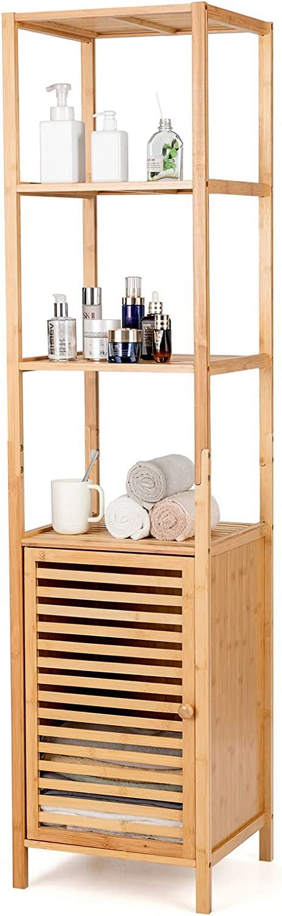 Bamboo Storage Cabinet, 4-Tier Slim Shelving Unit with Shutter Door ...