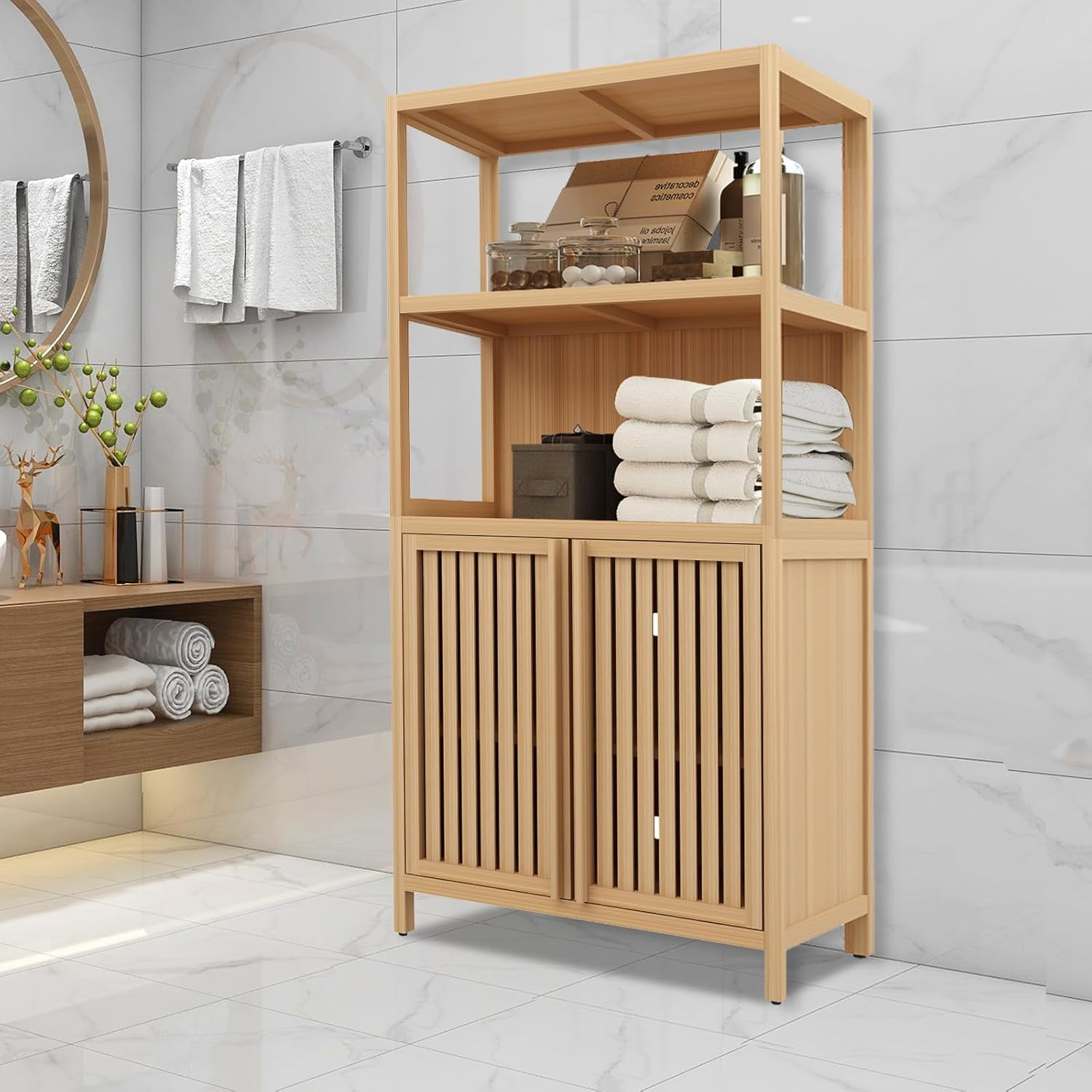 Bamboo Storage Cabinet Bathroom Floor Cabinet Side Storage Organizer ...
