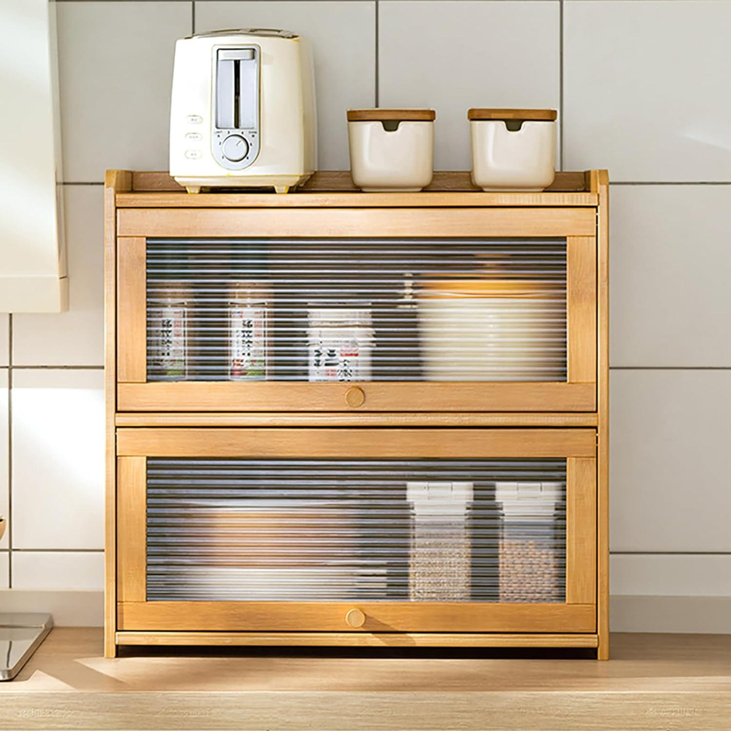 Bamboo Storage Cabinet Kitchen Pantry Sideboard with Acrylic Door ...