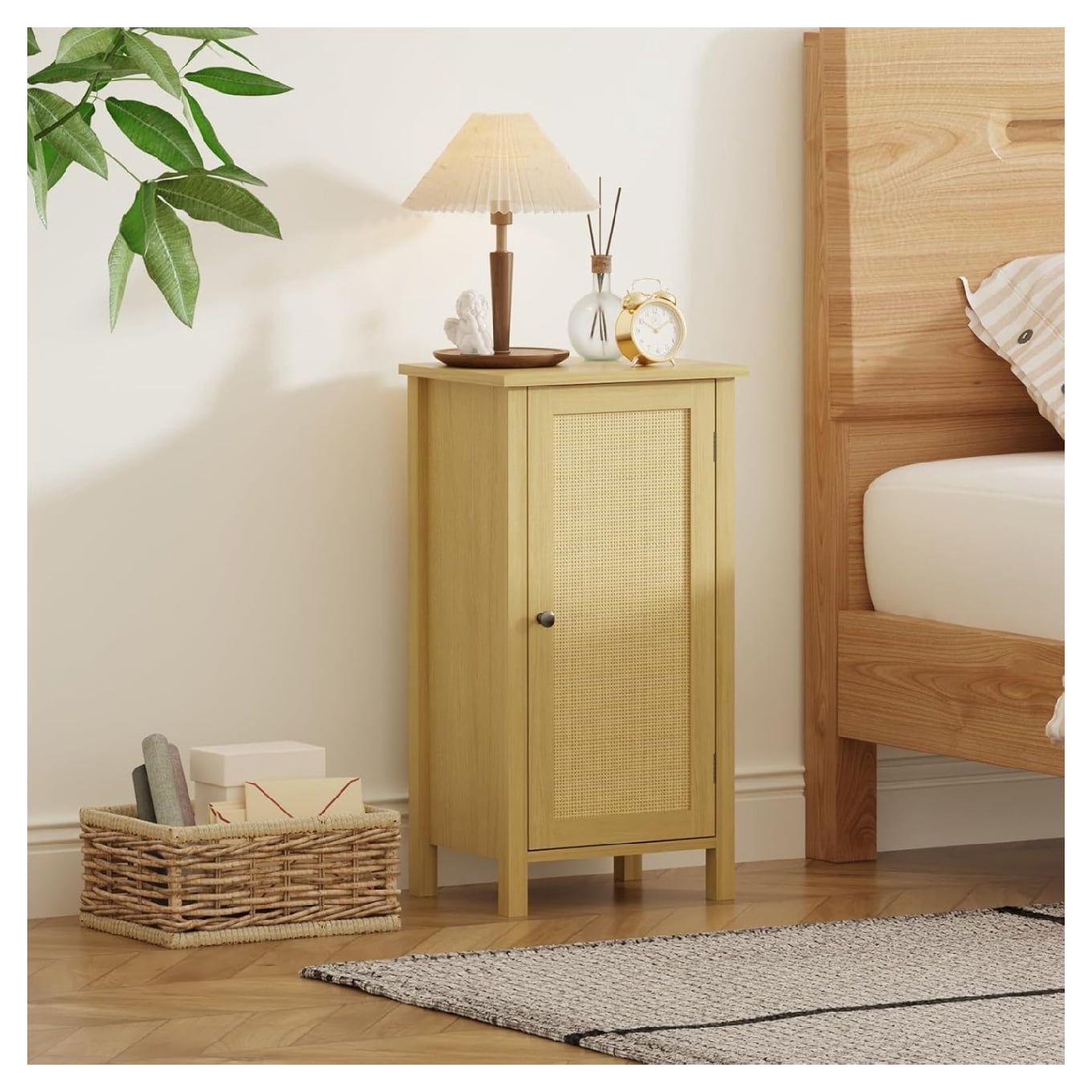 Bamboo Storage Cabinet with Woven Rattan Door, 2-Tier Space-Saving ...