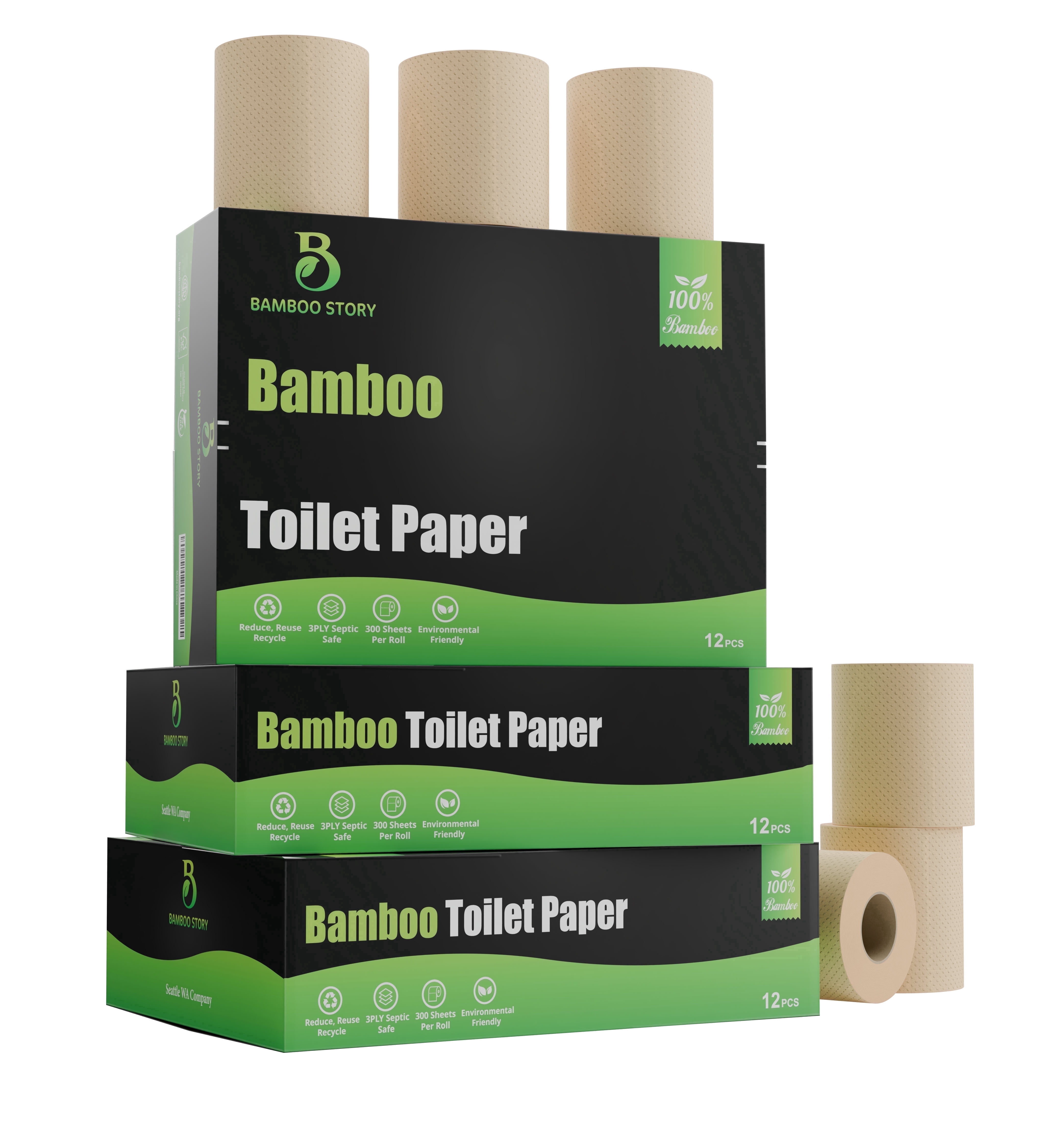 Bamboo Story Bamboo Toilet Paper Unbleached – 12 Rolls, 3-Ply, 300 ...