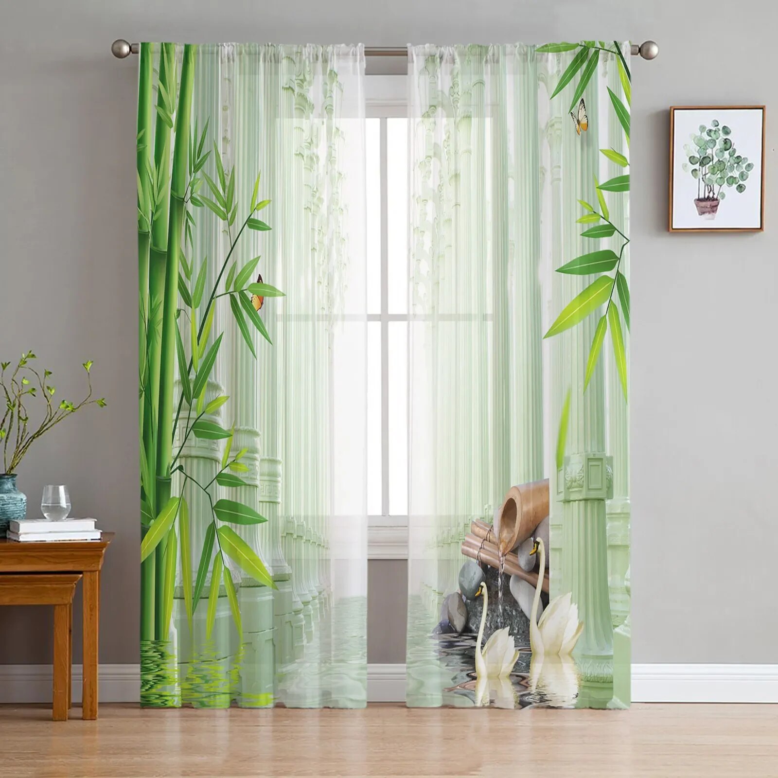 Bamboo Swan Pillar Water Surface Stone Butterfly Tulle Sheer Curtains ...