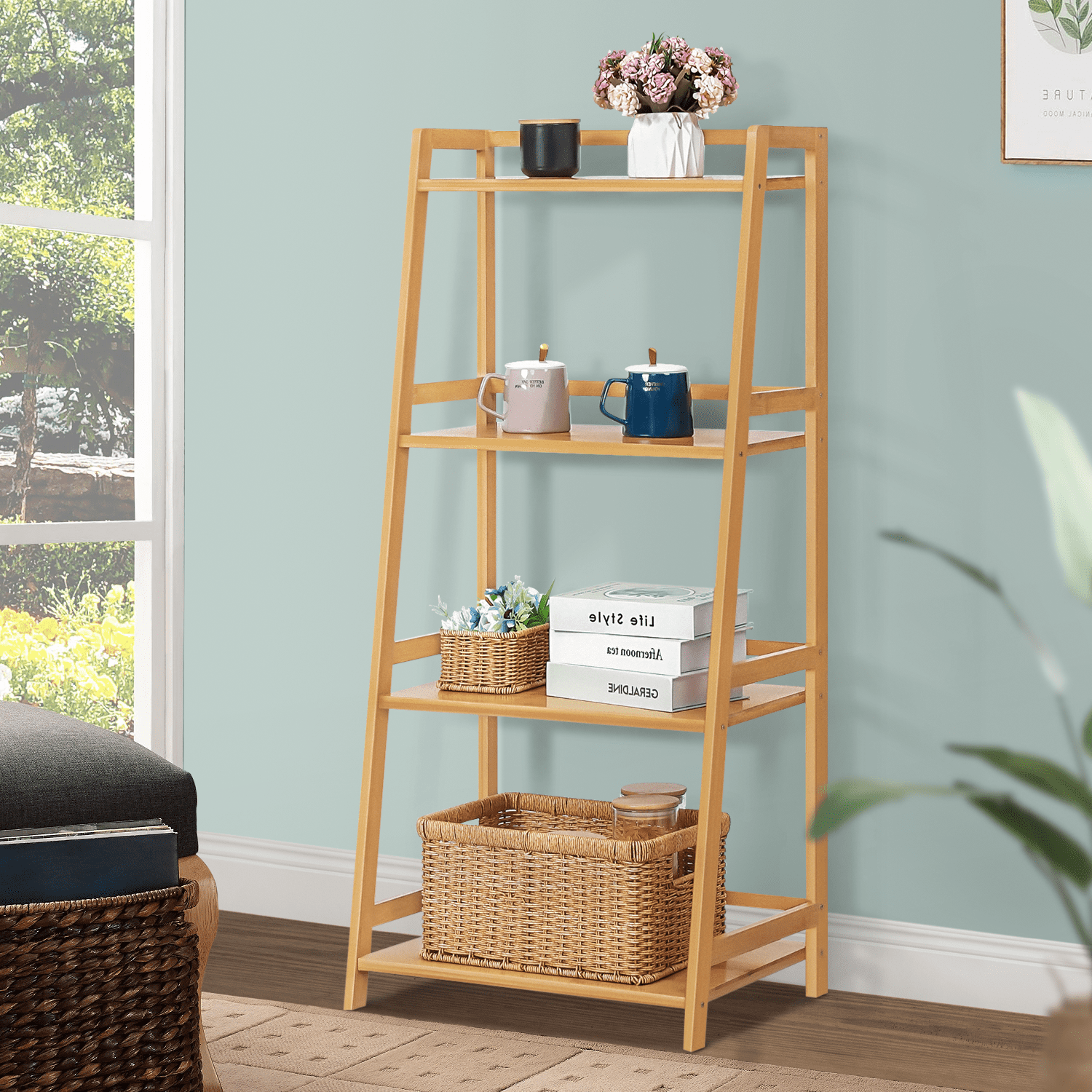 Bamboo[TRAPEZOID BOOKCASE]4-Tier Staircase Shelves Toys Storage Utility ...