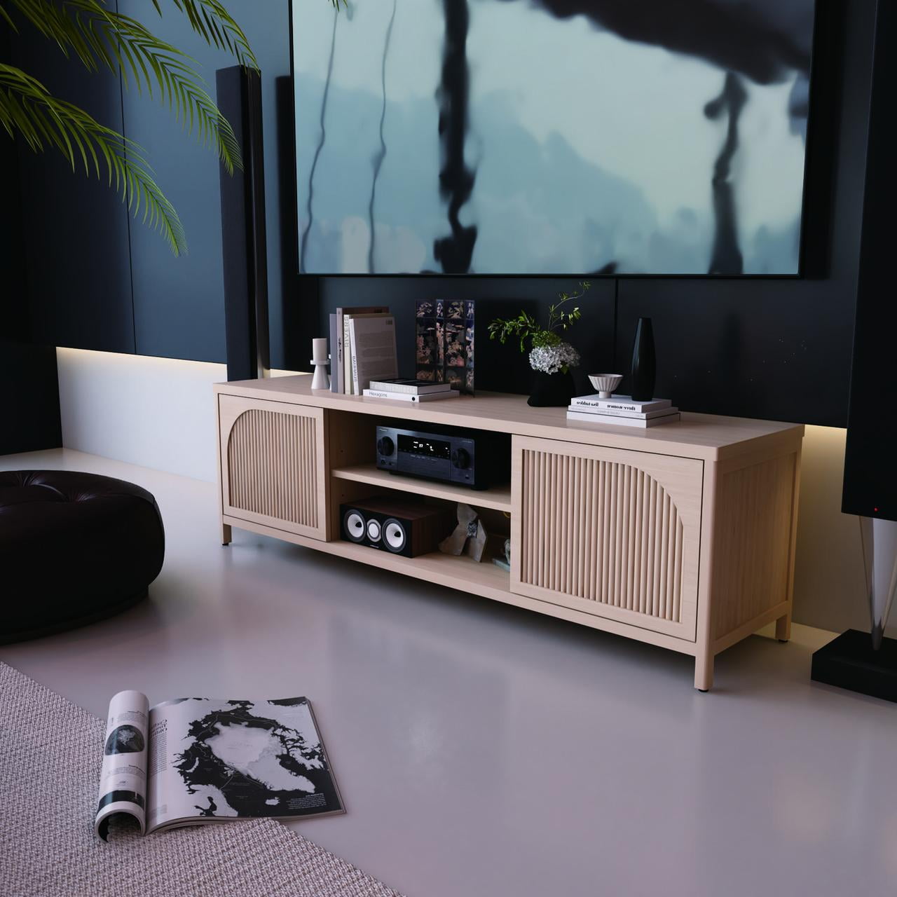 Bamboo TV Stand with Doors and Open Shelves, 63 Inch TV Cabinet for ...