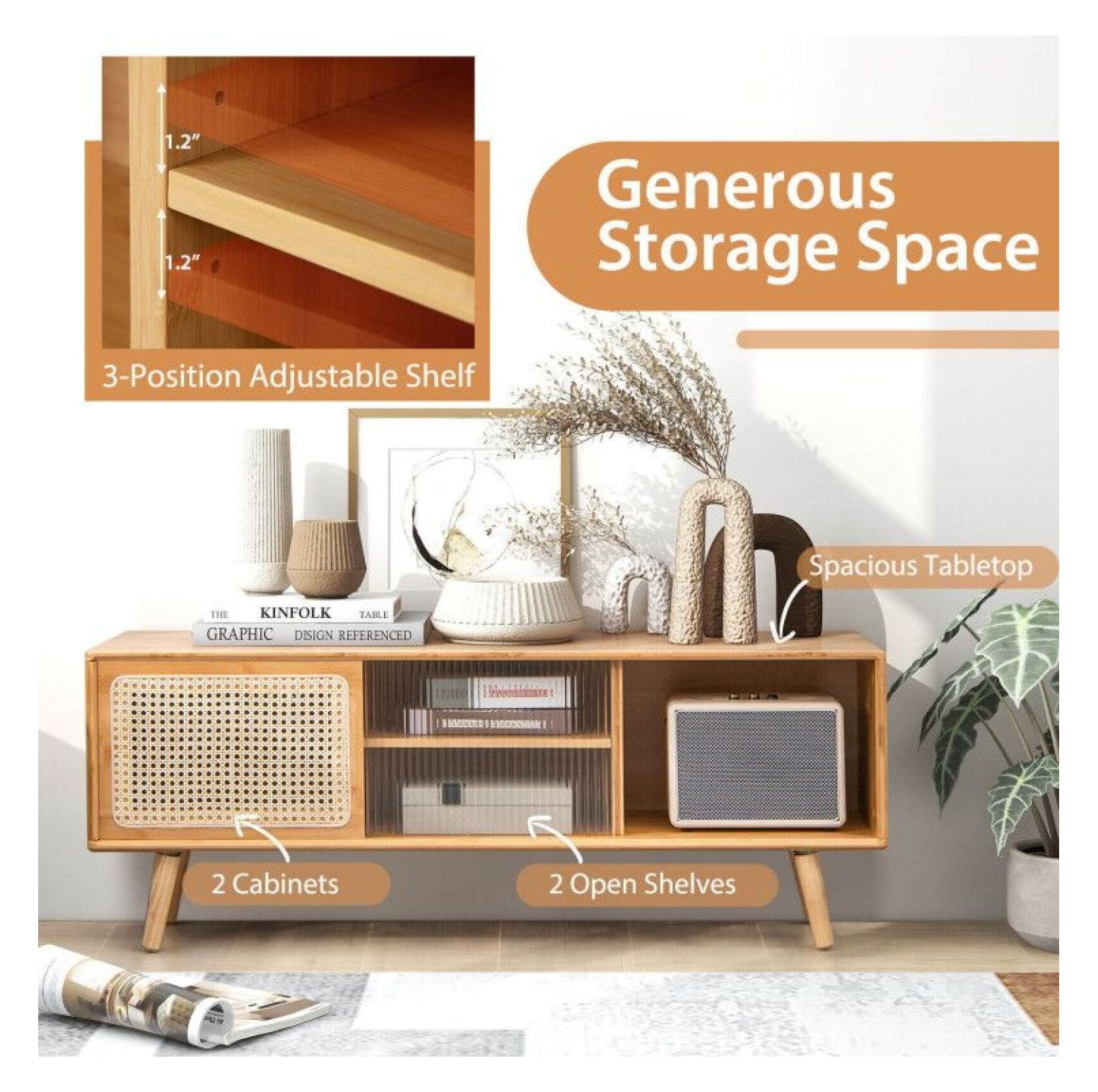 Bamboo TV Stand with Rattan Doors - 55 Inch TV Console, Modern ...