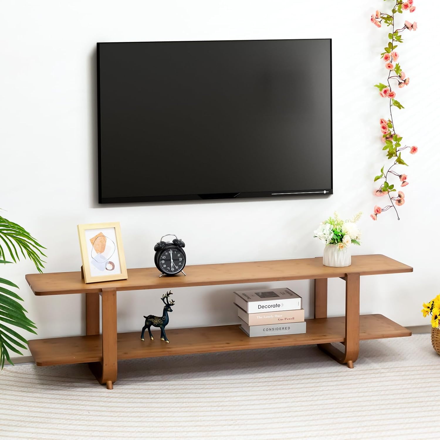 Bamboo TV Stand with Storage for TVs up to 65'', Modern Entertainment ...