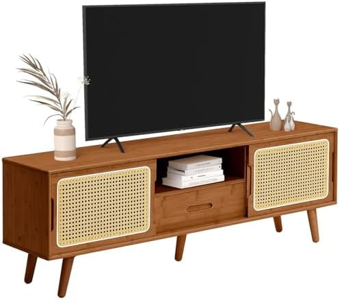 Bamboo TV Stand with Storage for TVs up to 65'', Modern Entertainment ...