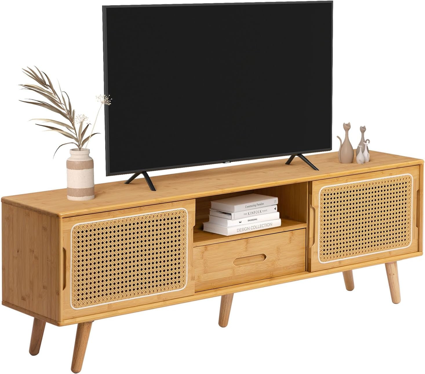 Bamboo TV Stand with Storage for TVs up to 65", Modern Entertainment ...