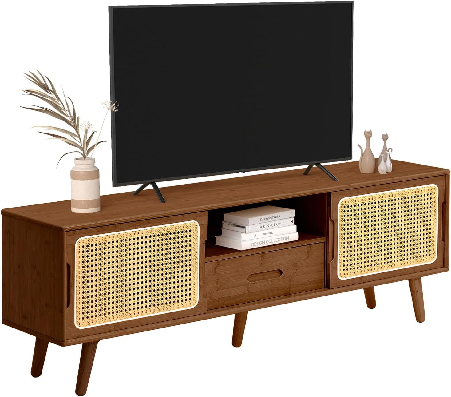 Bamboo TV Stand with Storage for TVs up to 65", Modern Entertainment ...