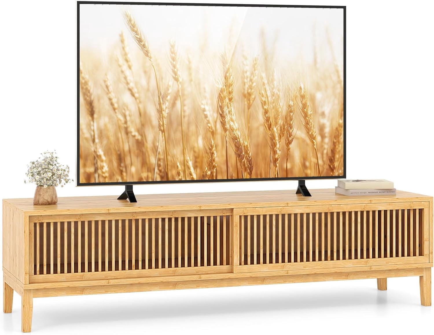 Bamboo TV Stand for TVs Up to 65”, Mid Century Modern TV Console Table ...