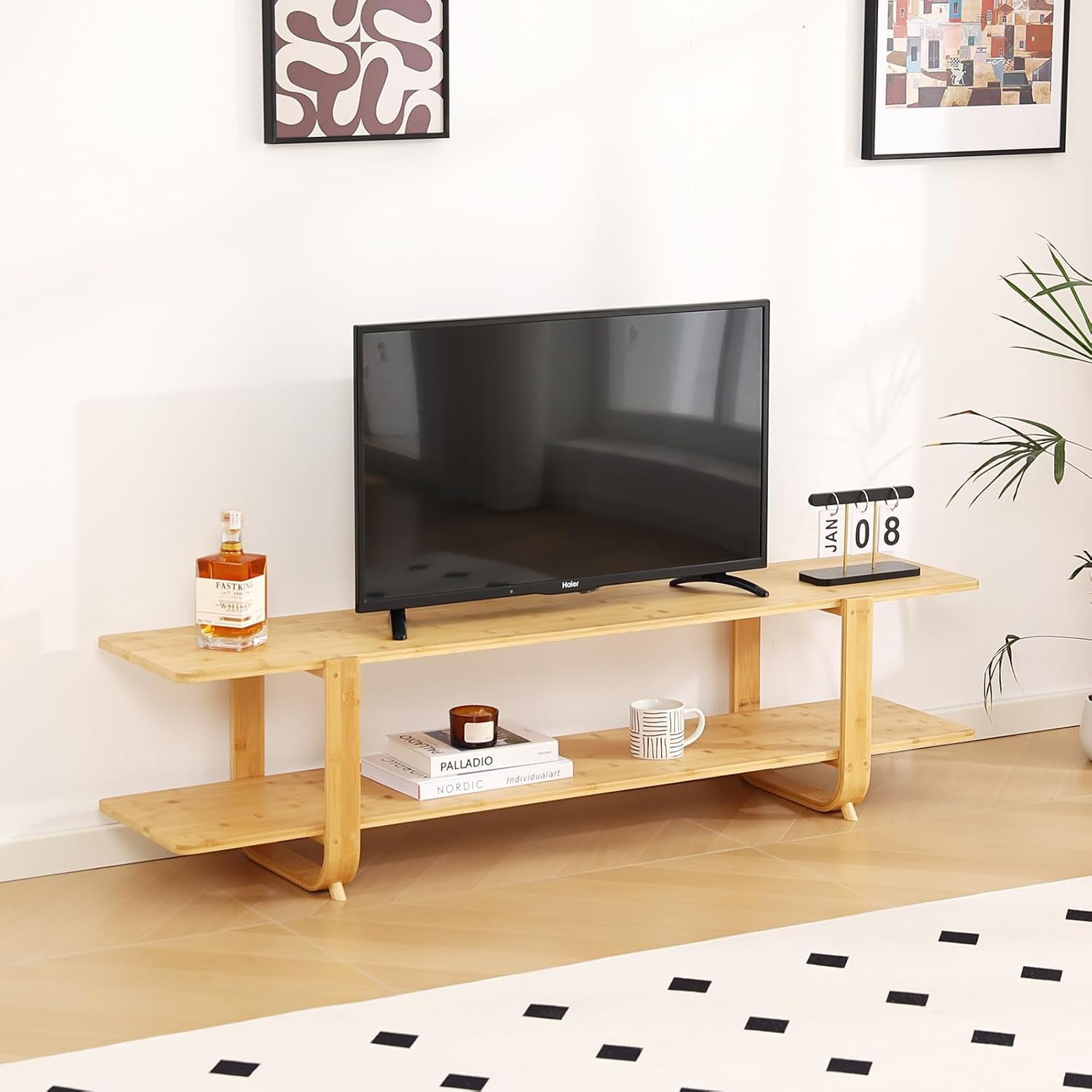 Bamboo TV Stand for 55 Inch TV, Entertainment Center with 2 Open Shelf ...