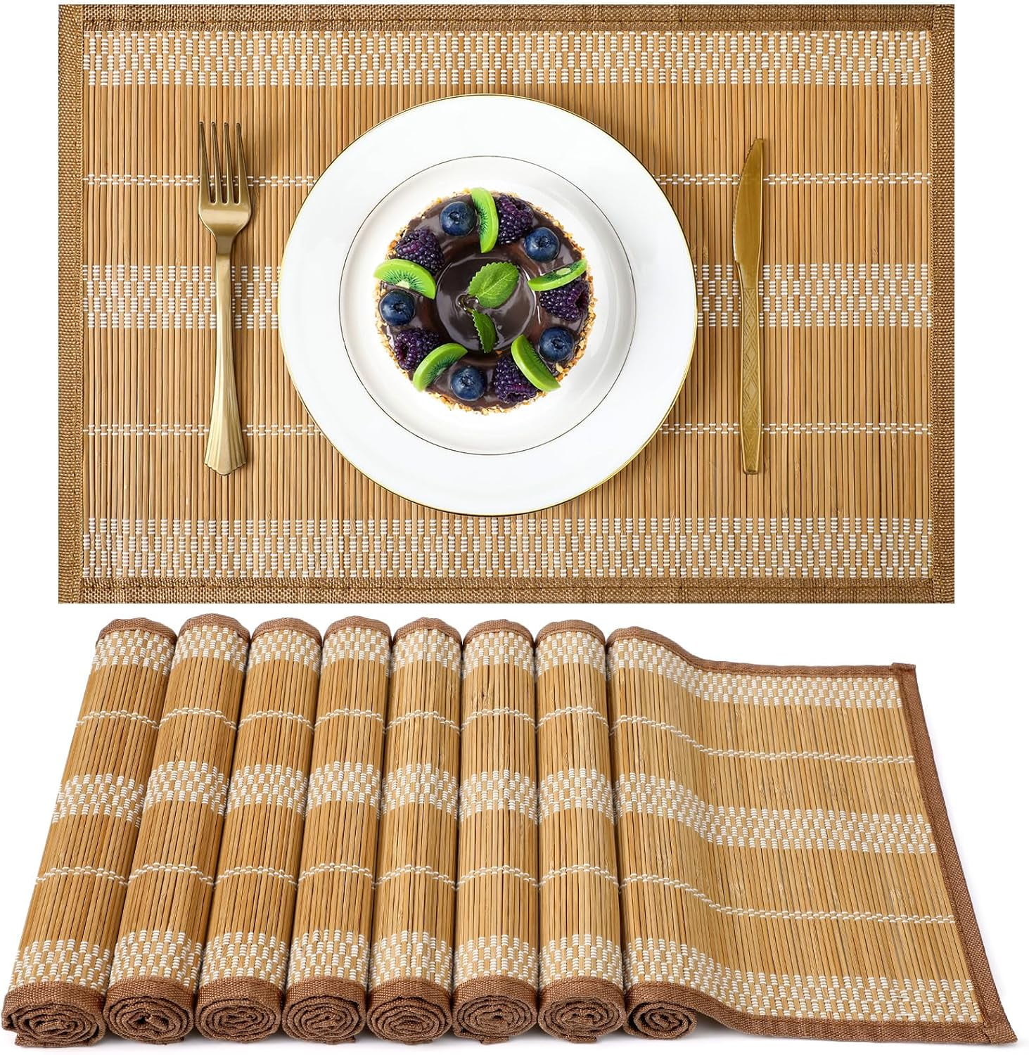 Bamboo Table Mats Set of 8, 18'' x 12'' Bamboo Table Mats Set, Natural ...