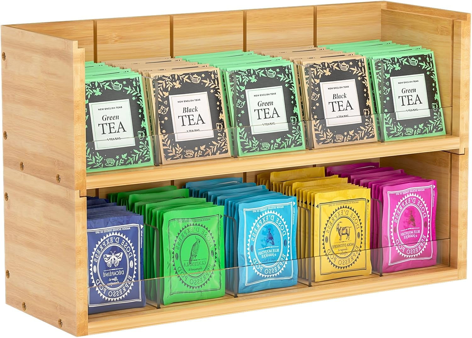 Bamboo Tea Bag Organizer for Countertop, 2-Tier Stackable Tea Box ...
