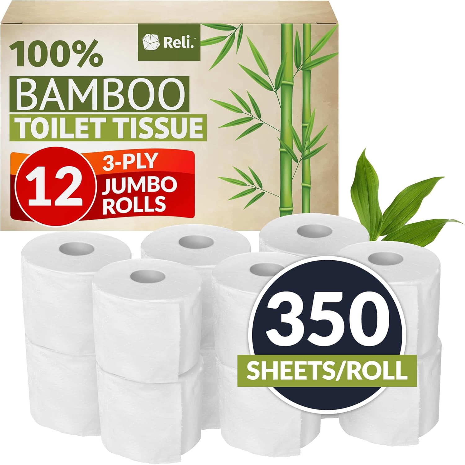 Bamboo Toilet Paper (12 Jumbo Rolls) | 3 Ply Toilet Paper (350 Sheets ...