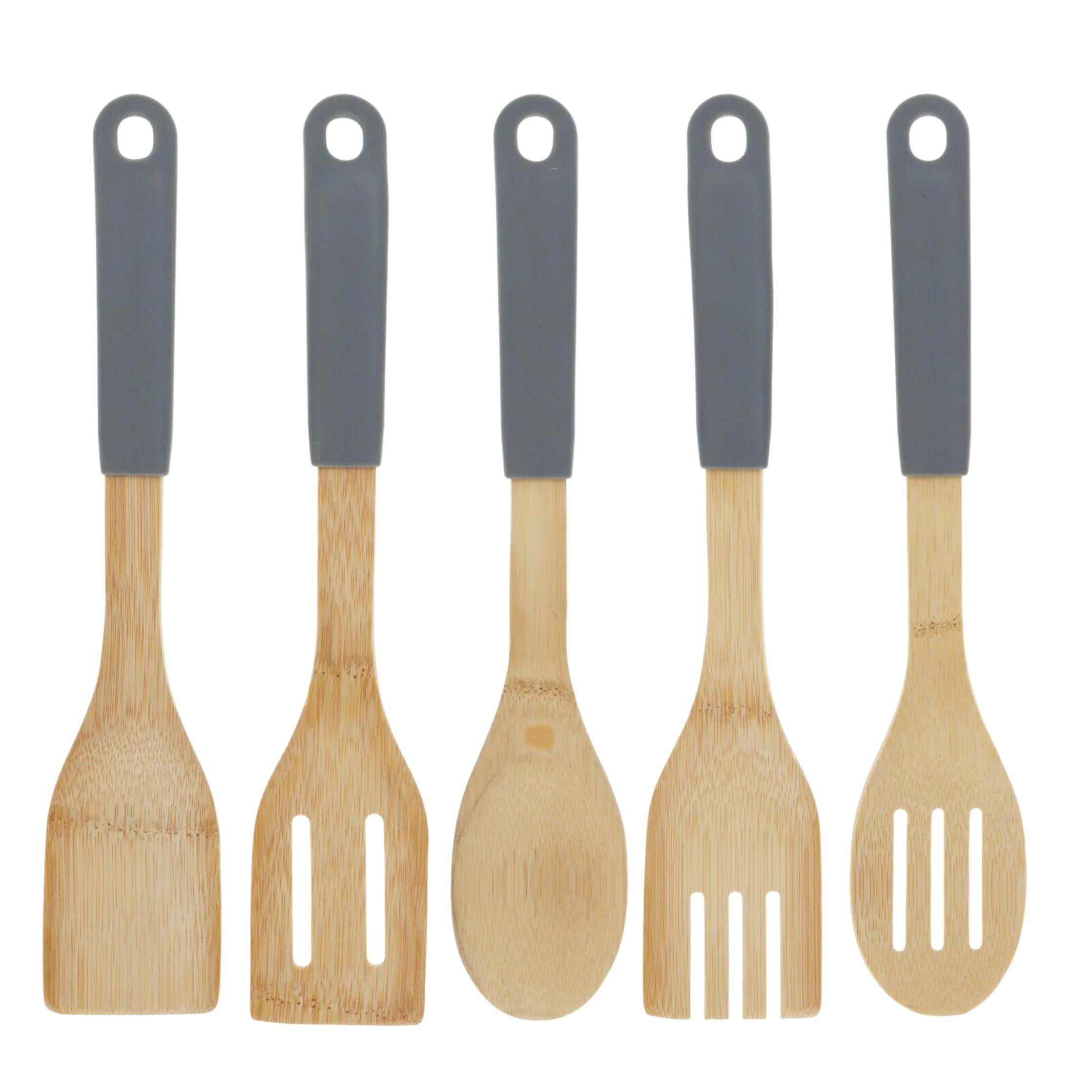 Bamboo Tools with Soft Grips Slotted Turner Solid Slotter Spoon Fork ...