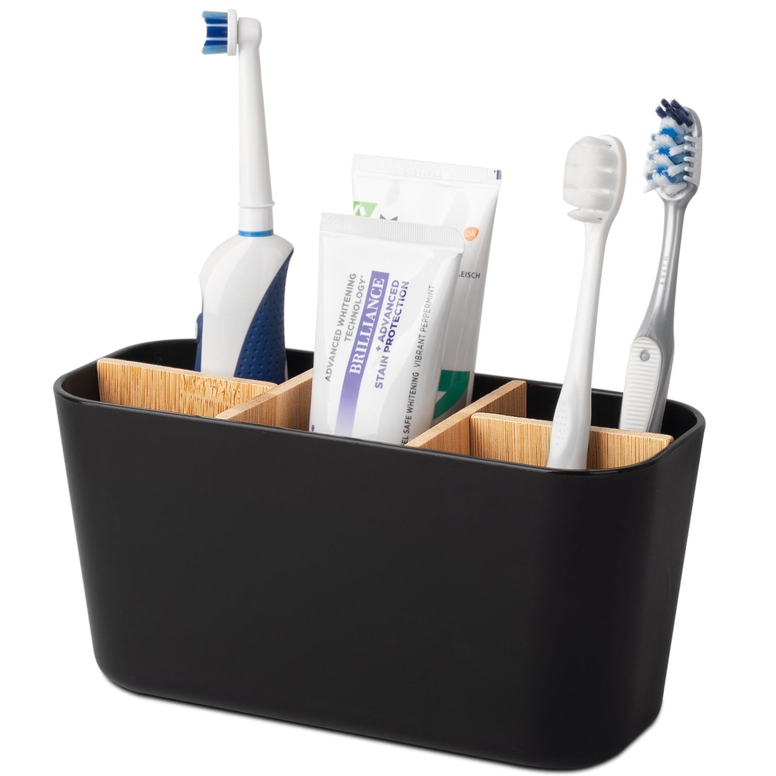 Toothbrush Organizer with Bamboo Compartments, 5-Slot Bathroom Holder ...