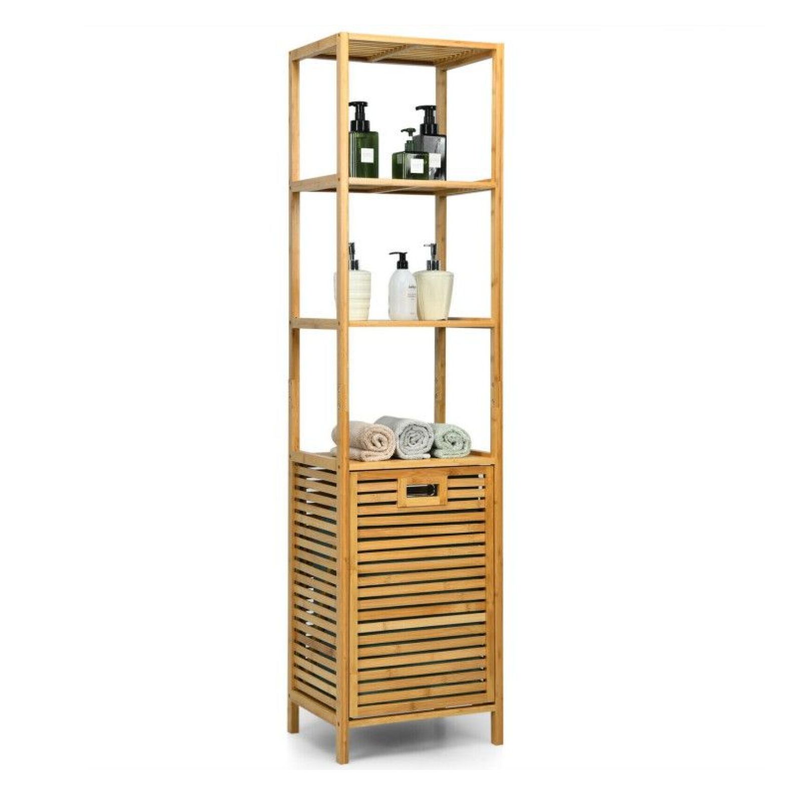 Bamboo Tower Hamper Organizer with 3-Tier Storage Shelves Natural ...