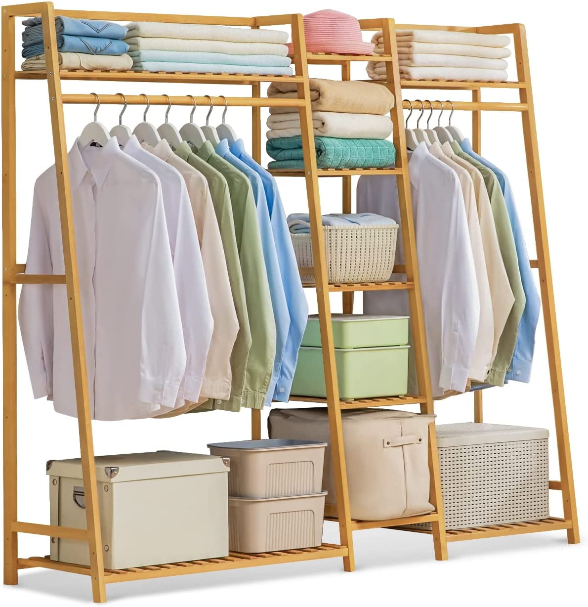 Bamboo Trapezoid Clothing Rack with 5-Tier Storage Shelves Multi ...