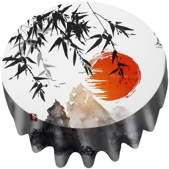 Bamboo Trees Red Sun And Mountains Traditional Japanese Ink Sumi-E ...