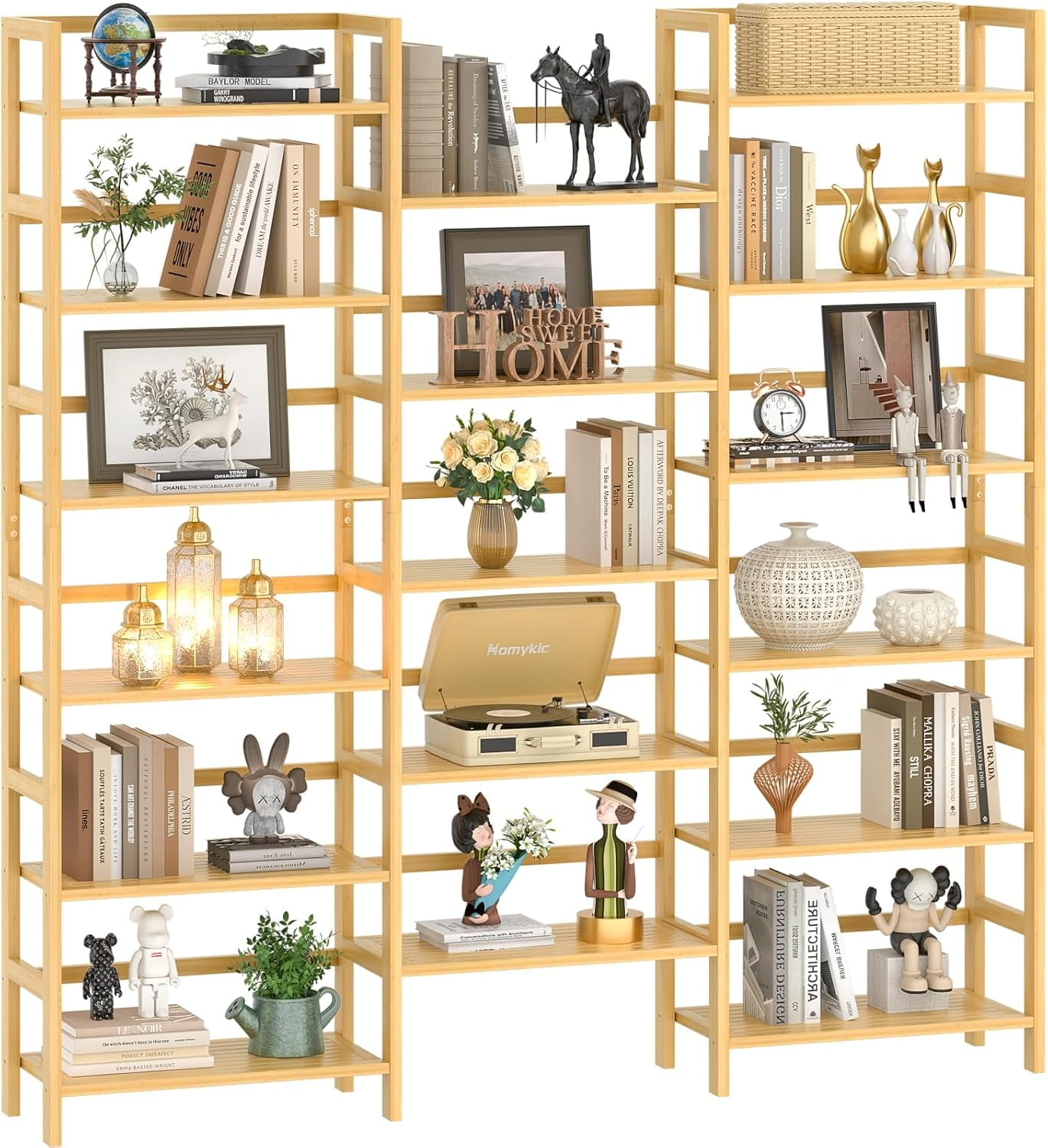 Bamboo Triple Wide Shallow Bookshelves and Bookcases 6-Tier 6ft Tall ...