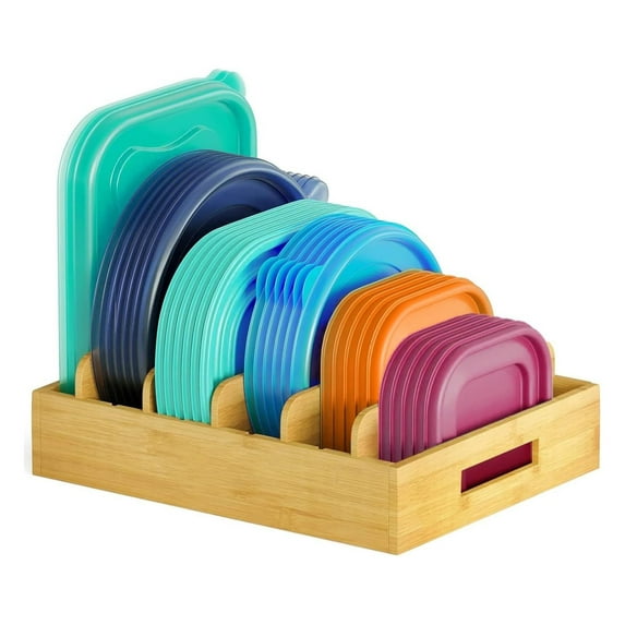Bamboo Tupperware Lid Organizer with 5 Adjustable Dividers for Kitchen ...