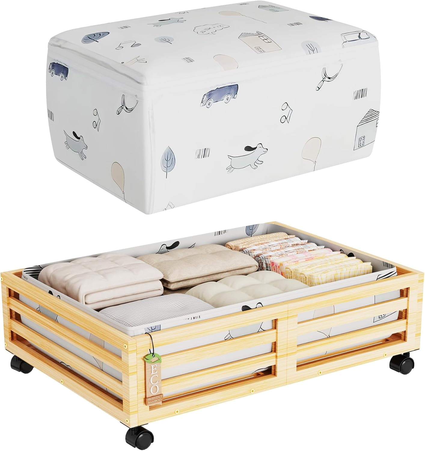 Bamboo Under Bed Storage Containers- Underbed Organizer with Wheels ...