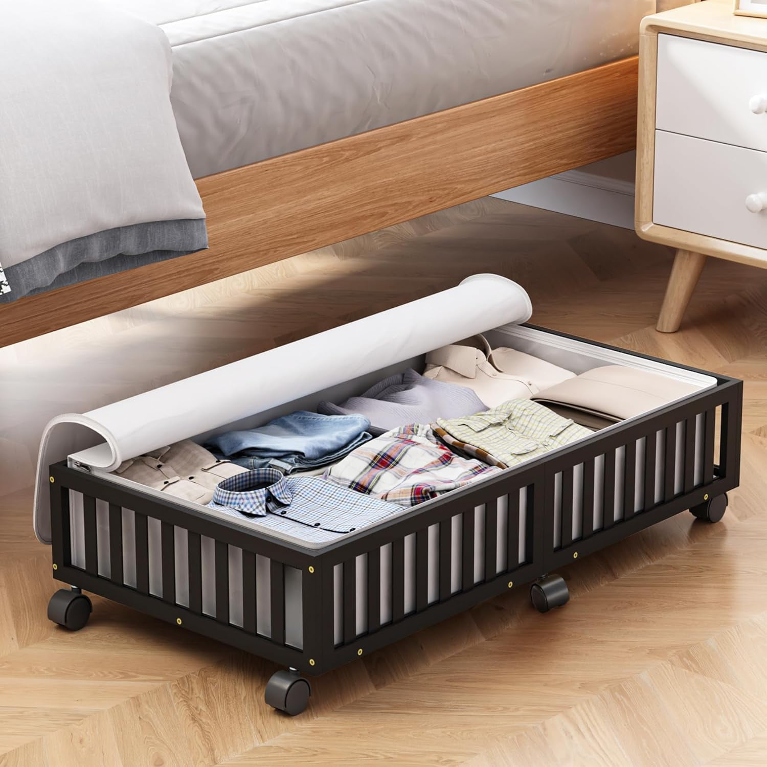 Bamboo Under Bed Storage Containers with Wheels, 1 Pack Large Under the ...