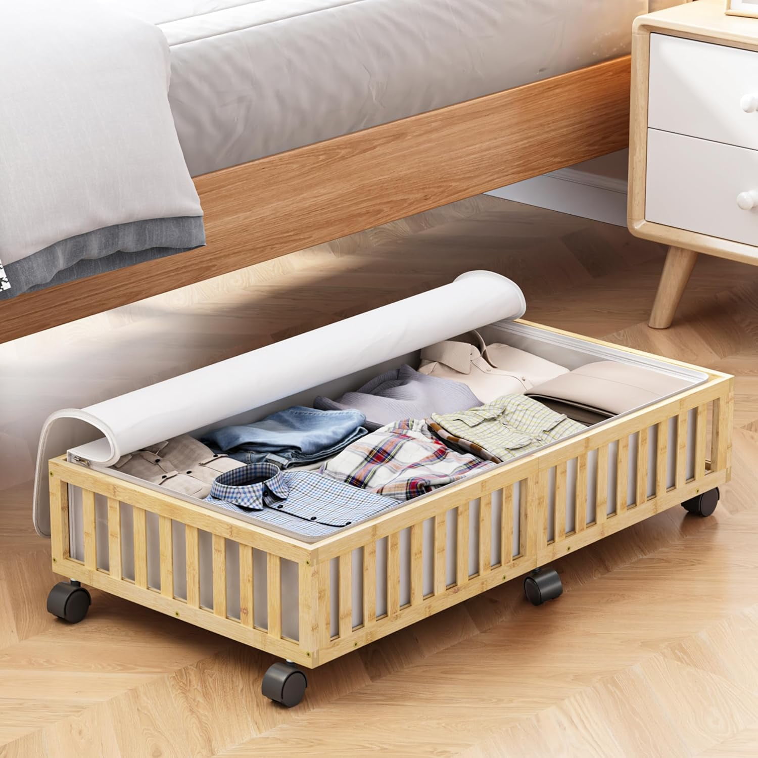 Bamboo Under Bed Storage Containers with Wheels, 1 Pack Large Under the ...