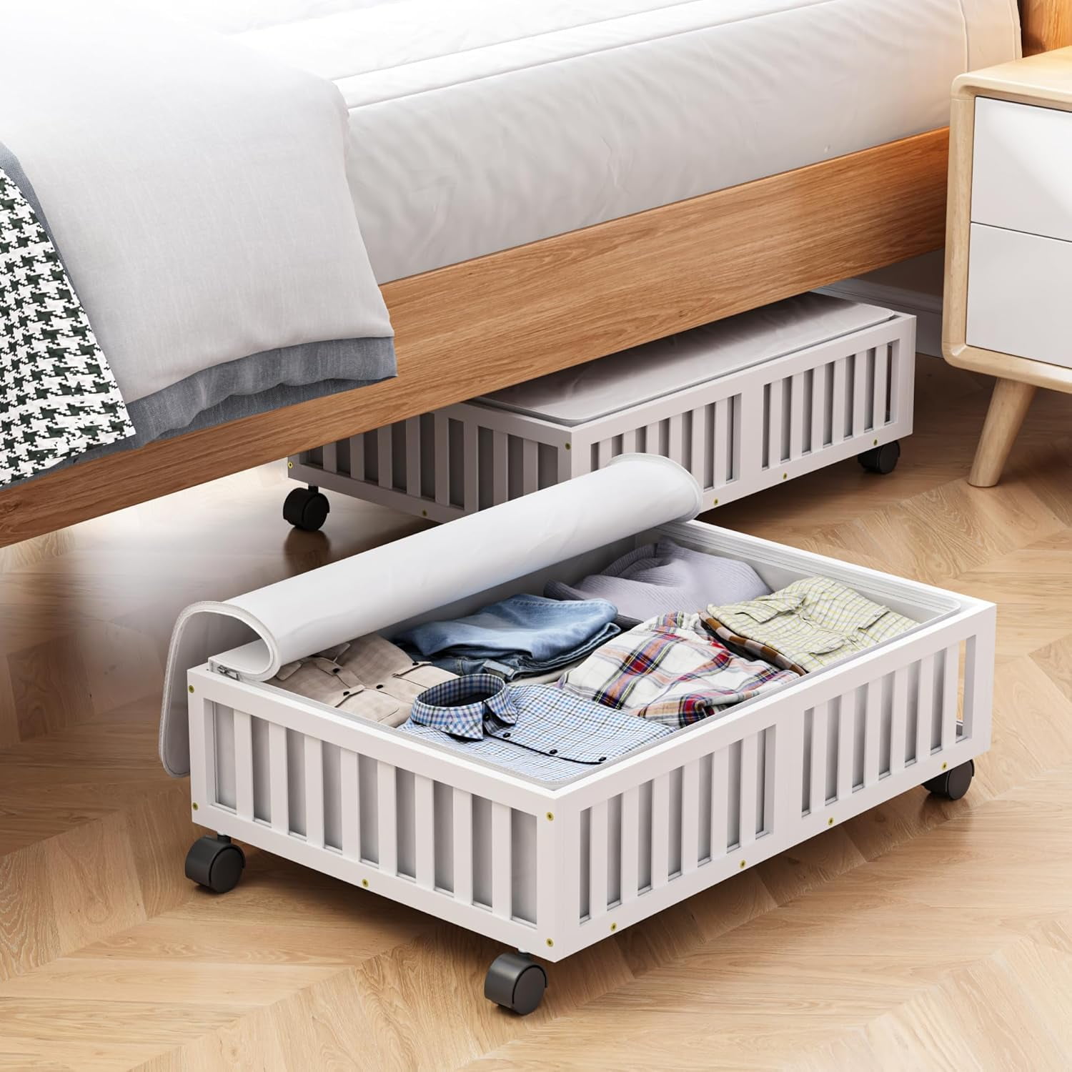 Bamboo Under Bed Storage Containers with Wheels, 2 Pack Under the Bed ...