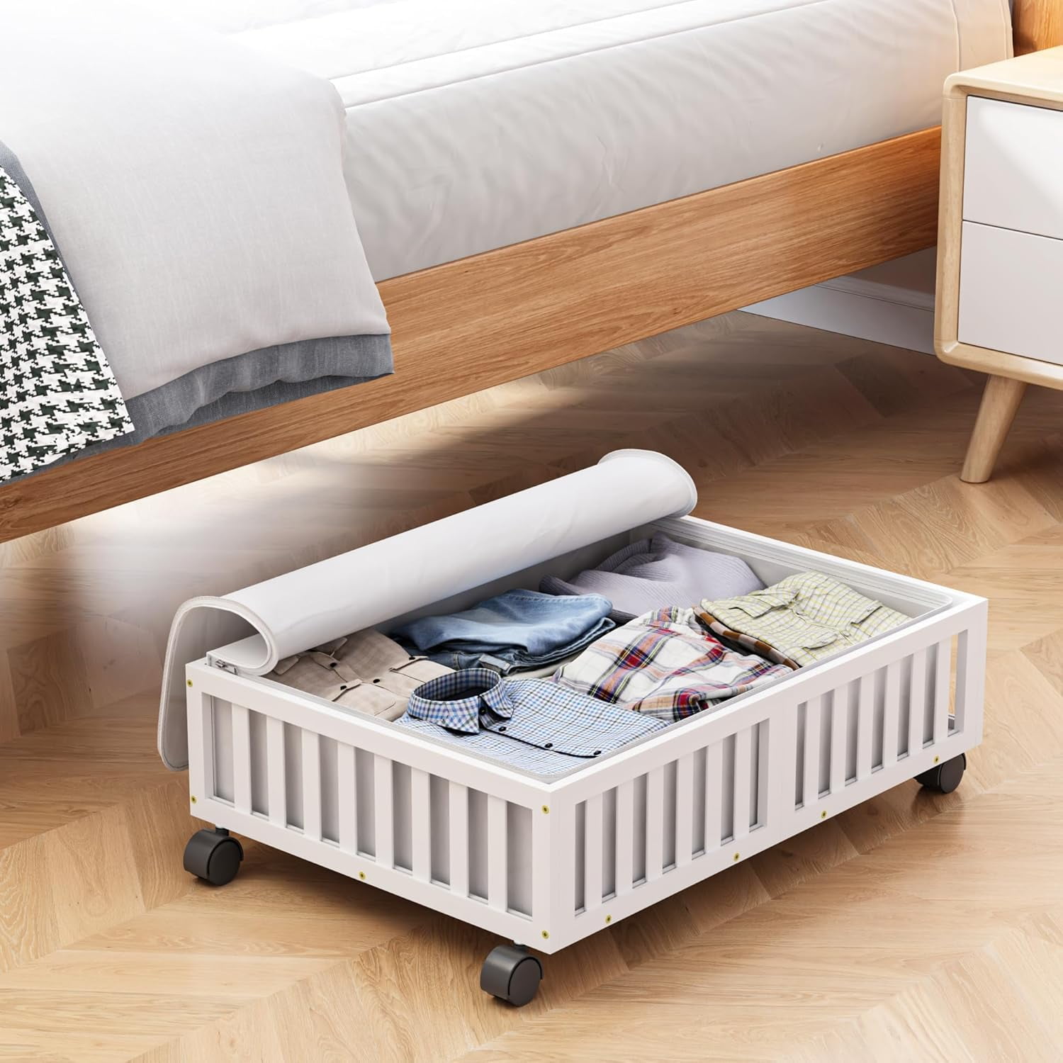 Bamboo Under Bed Storage Containers with Wheels, Rolling Under the Bed ...