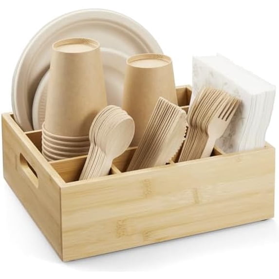Bamboo Utensil Holder for Party, 6-Compartment Paper Plate and ...