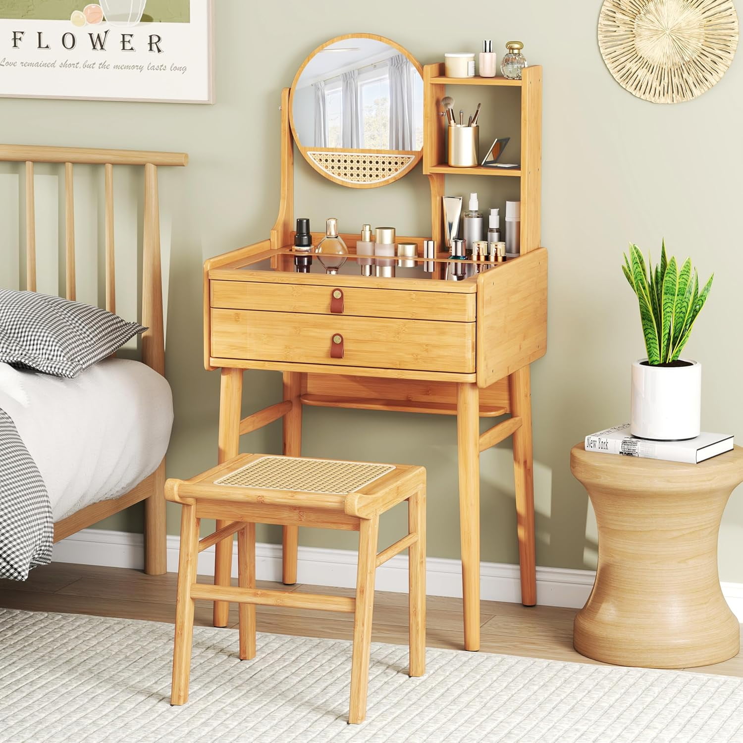 Bamboo Vanity Table Set with Adjustable Mirror, Small Makeup Vanity ...