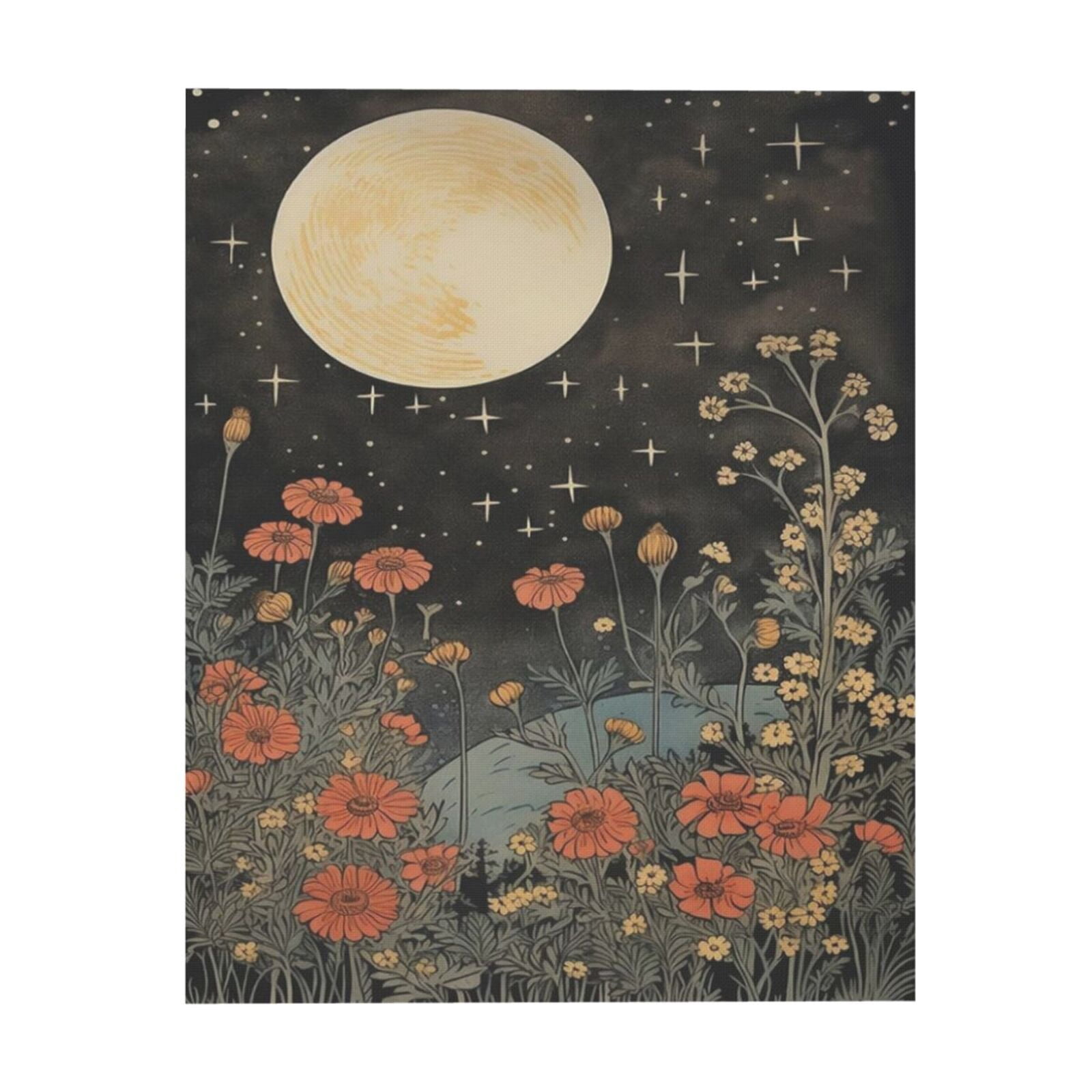 Bamboo Vintage Moon Flowers Canvas Wall Art, Retro Mystical Celestial ...