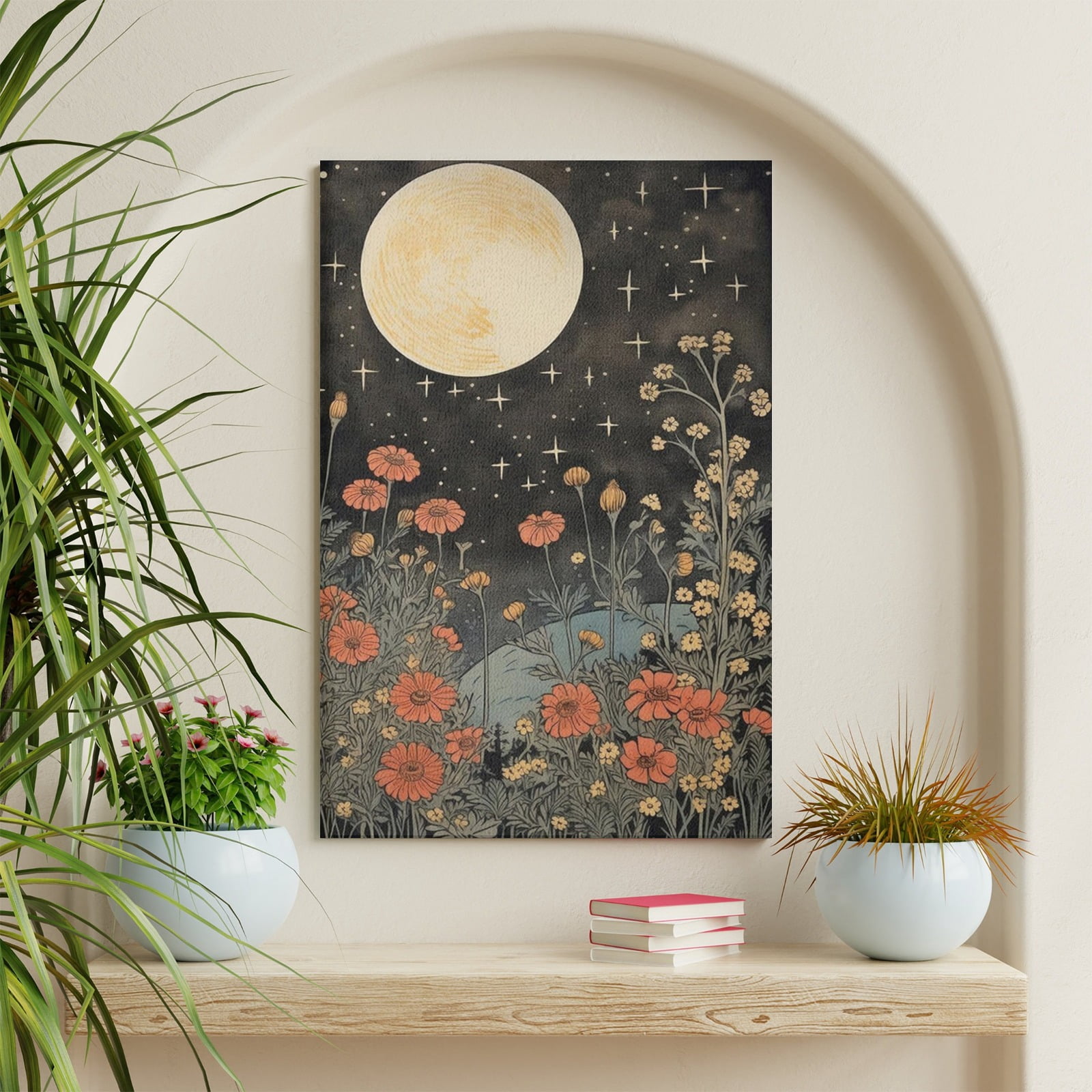 Bamboo Vintage Moon Flowers Canvas Wall Art, Retro Mystical Celestial ...