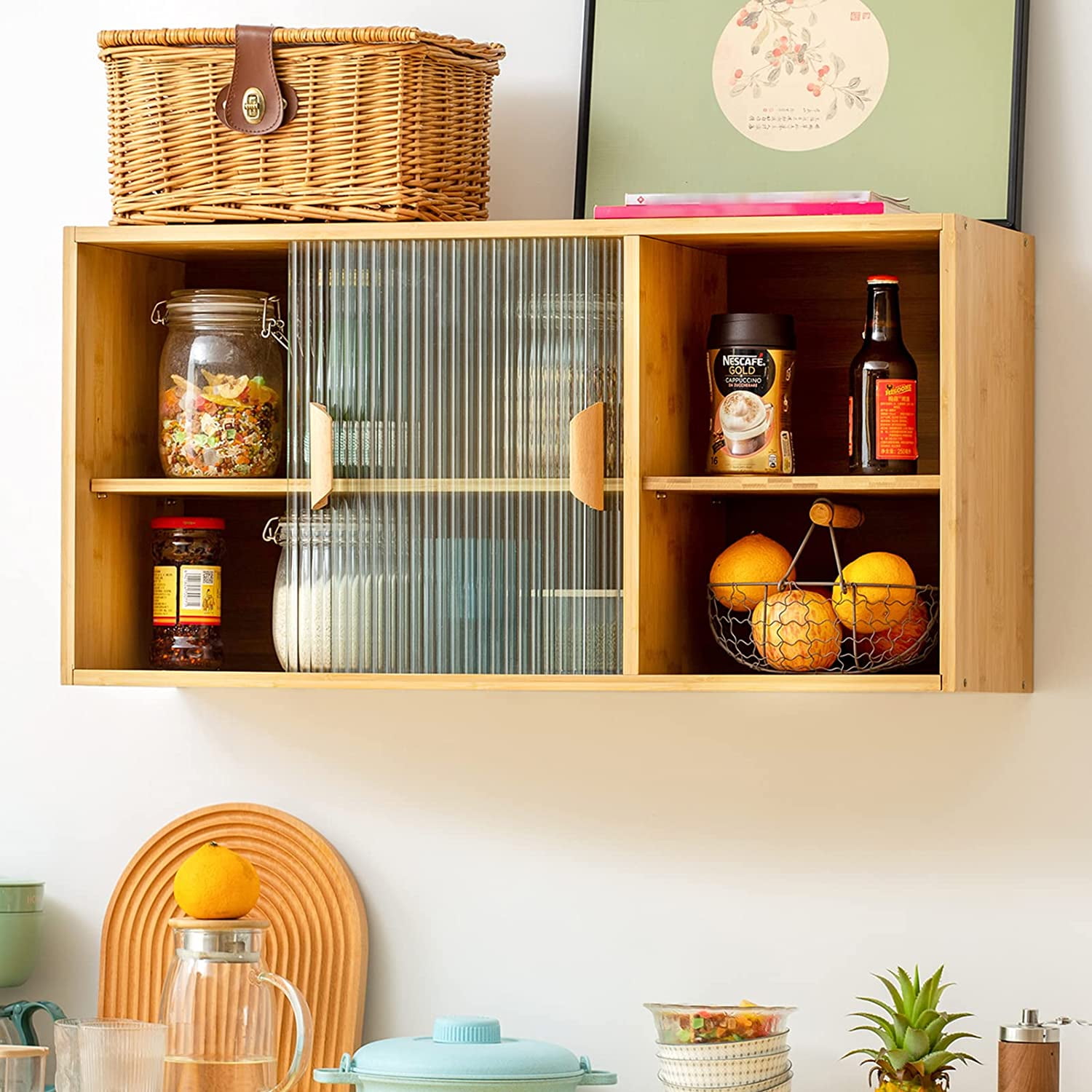 Bamboo Wall Mounted Kitchen Pantry Sideboard with 2 Sliding Door ...