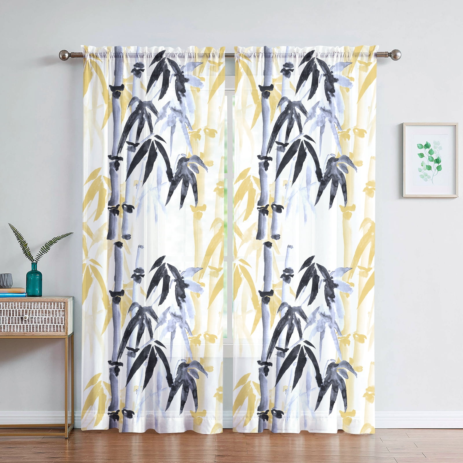 Bamboo Watercolor Painting Plant Art Tulle Curtains for Living Room ...